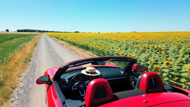 ひまわり畑を走るオープンカーのドライブの動画｜無料の動画素材サイト「動画AC」