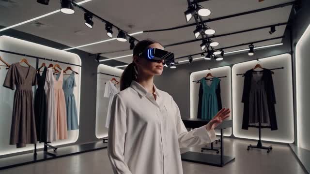 VRゴーグルで仮想ショッピングをする女性の動画｜無料の動画素材サイト「動画AC」